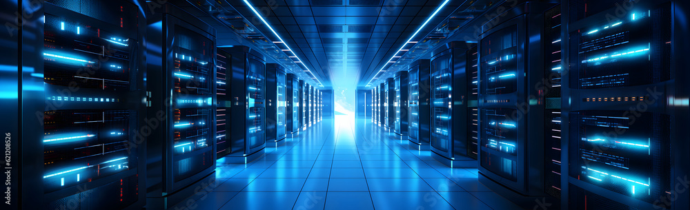 Rack housing server data storage hardware, Binary code tunnel background, Futuristic blue server ...