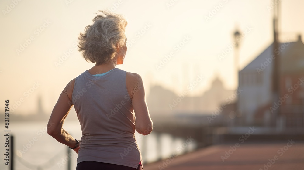 she's 50 year old, healthy women smiling in a Sport wear, Smartwatch ...
