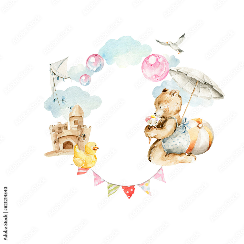 Watercolor nursery frame with cartoon character. Hand painted cute baby ...