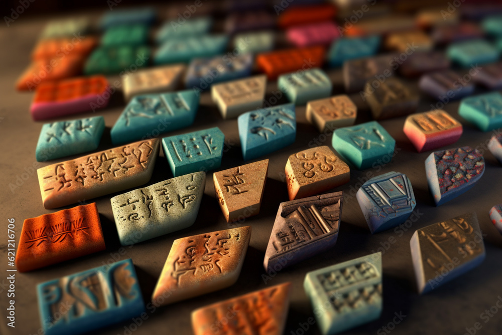 An image showcasing abstract interpretations of cuneiform tablets, with ...
