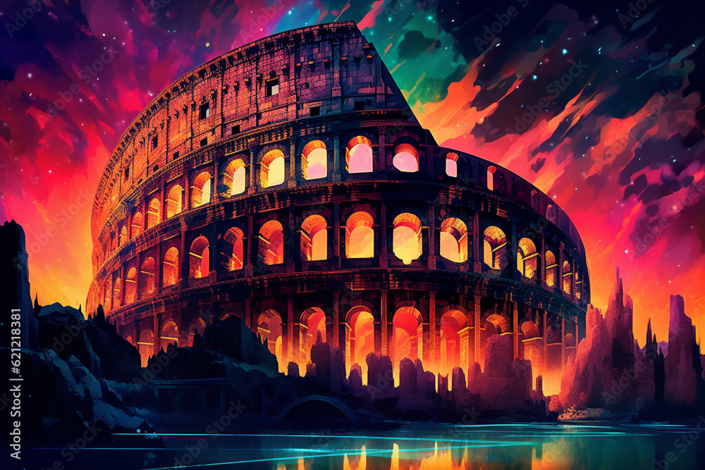 The artist incorporates elements of abstract shapes, neon lights, and ...