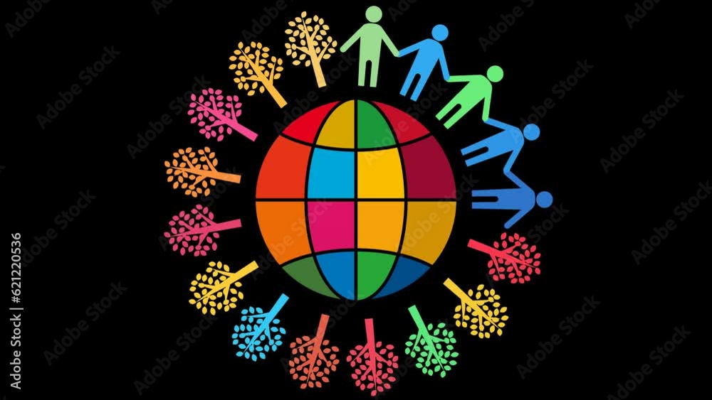 Loop animation of the SDGs-colored Earth icon, a person holding hands ...