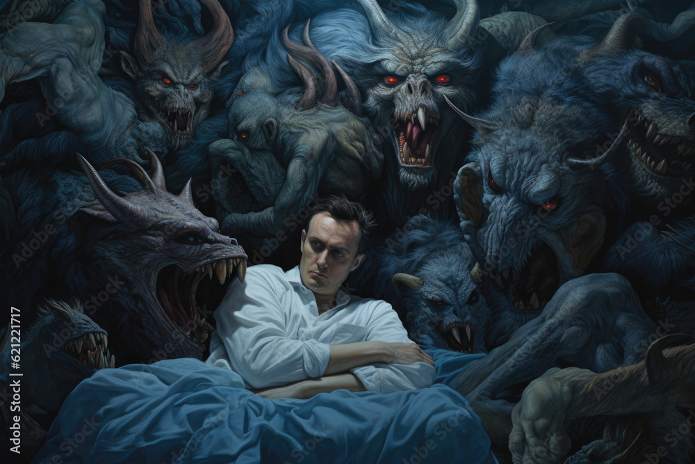 Sleep's Dark Tempest: Man's Struggle with Nightmares as Demons Surround ...