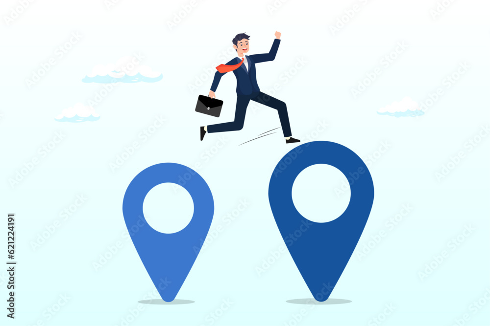 Businessman company owner jumping from map navigation pin to new one ...