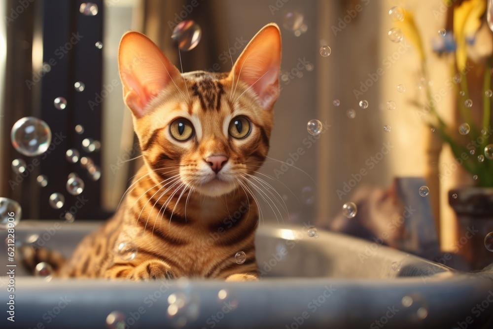 Generative AI Funny kitten sitting in bathroom waiting for grooming ...