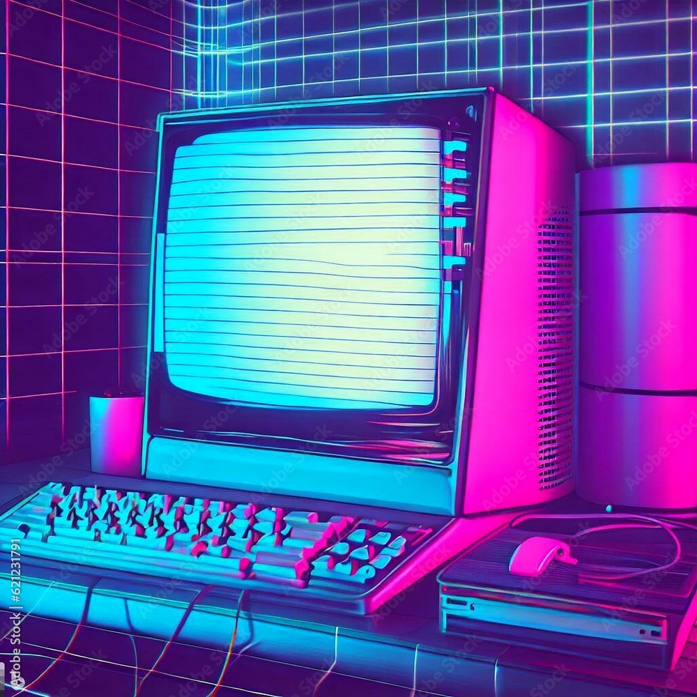 PC with monitor keyboard and mouse in retro style. Vintage Computer Pop ...