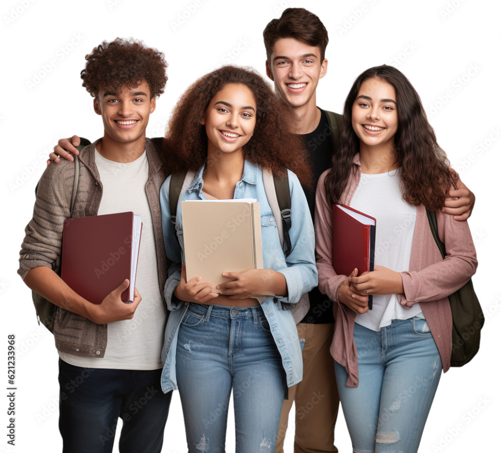 Multi Ethnic Group of young men and women college students with holding ...