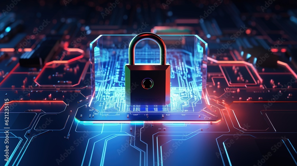 Cybersecurity 3d Render with a Blue and Red Alarm Colors Glowing Lock. Generative AI. Stock ...