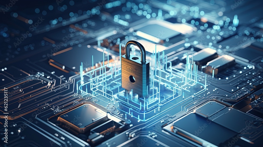 Cybersecurity 3d Render with a Blue Glowing Lock. Generative AI. Stock Illustration | Adobe Stock