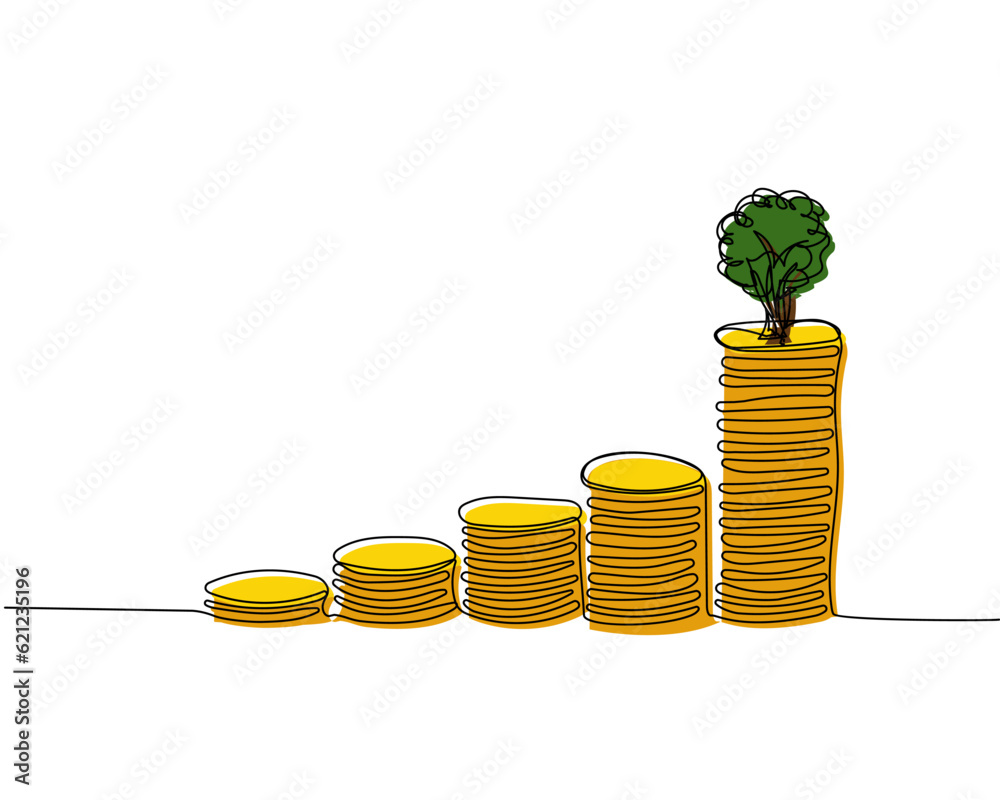 Tree Growing from Stacks of coins of different heights, cents, kopecks ...
