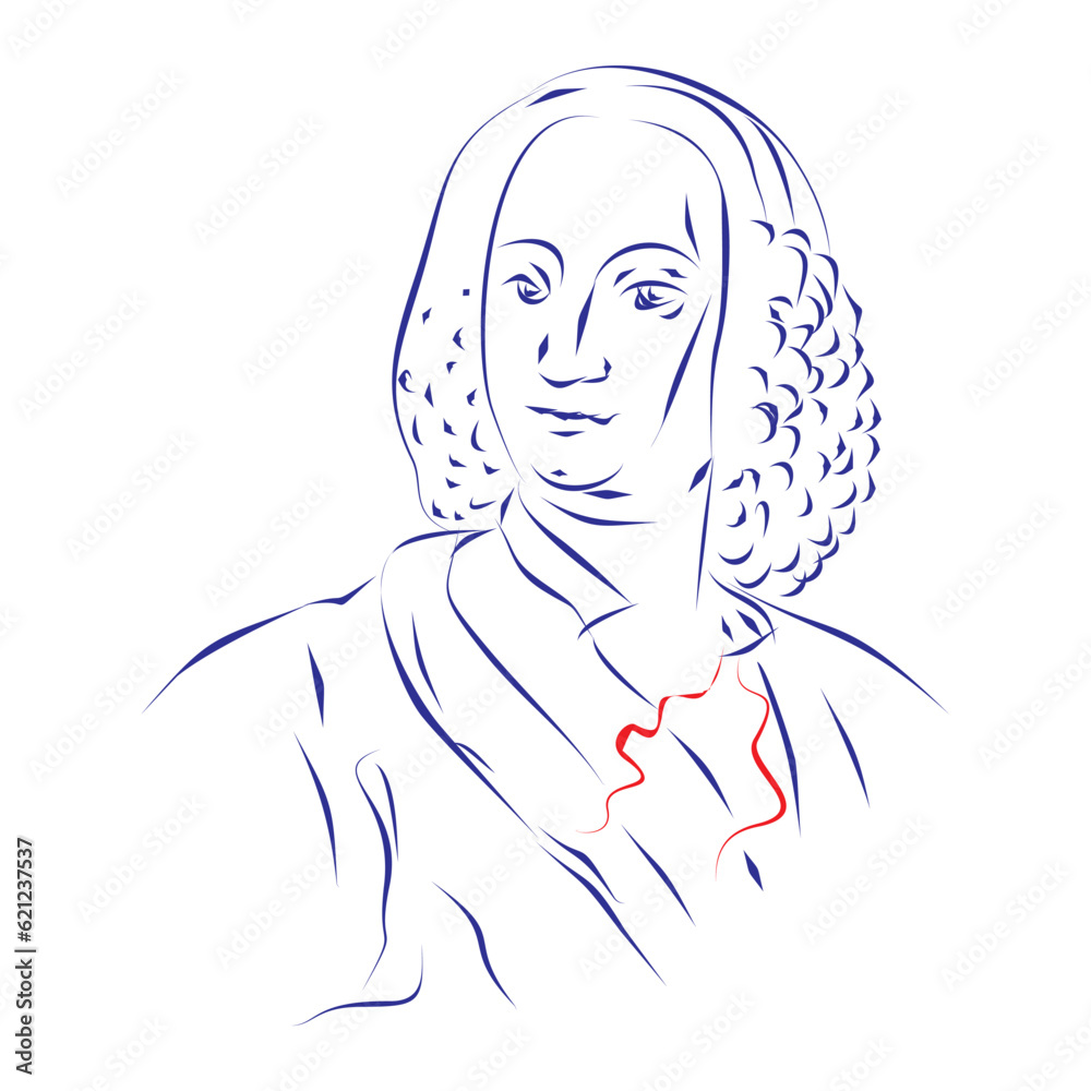 Continuous line drawing, portrait of composer Antonio Vivaldi. Hand ...
