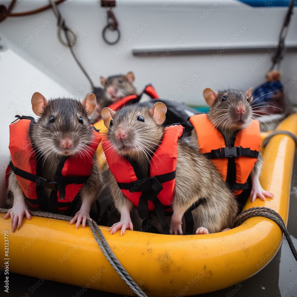 Rats with life jackets in a lifeboat are running from a sinking ship ...