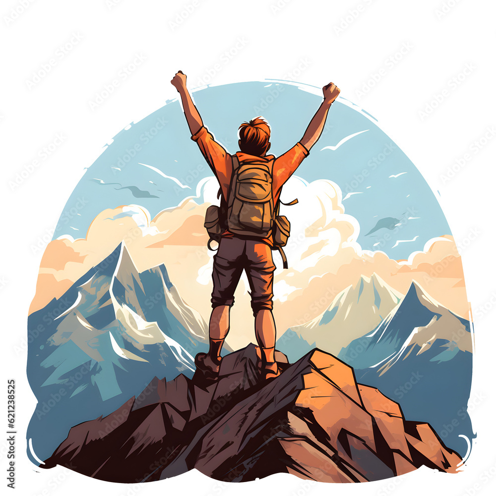 Hiking clipart illustration of a hiker standing triumphantly on a ...