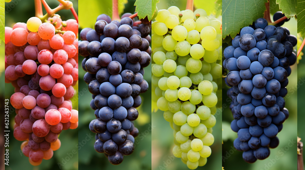 A close-up view of grape clusters in various stages of ripeness ...