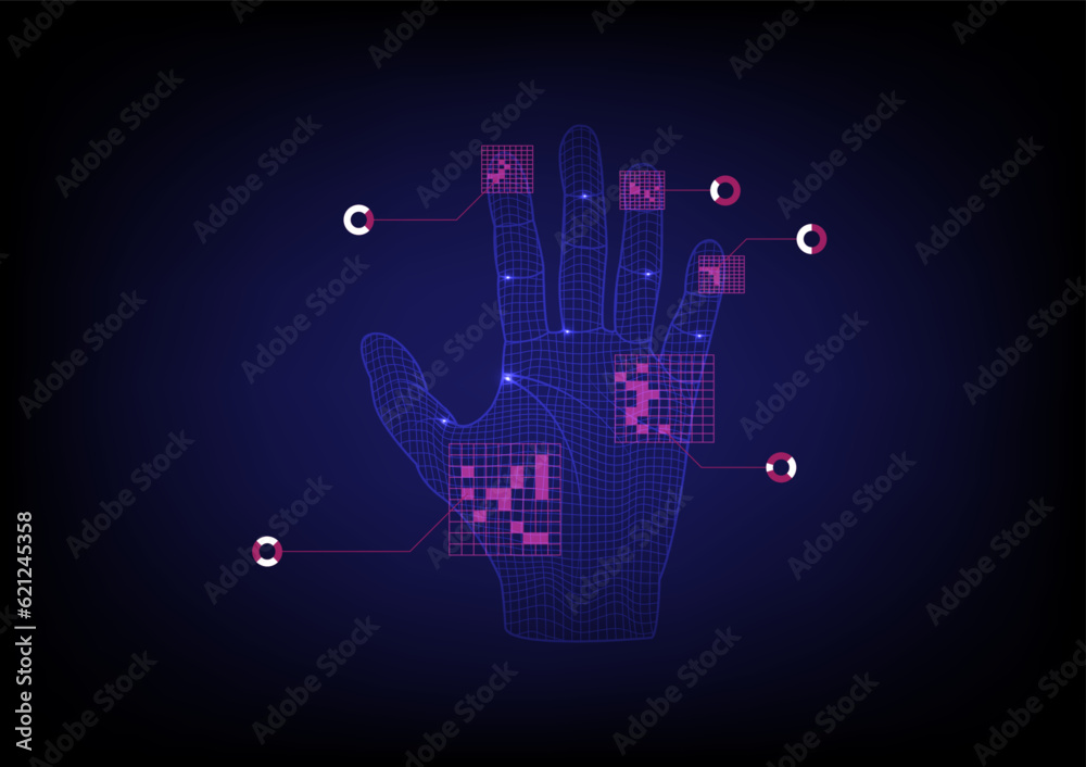 Blue wireframe hand with handprint scan technology background Stock ...