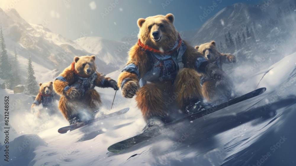 Generative AI. Four brown bears are snowboarding at a ski resort. A ...