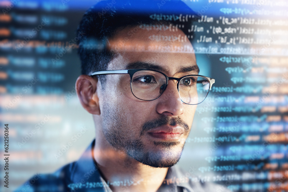 Software Coding Hologram And Man Thinking Of Data Analytics Night Cybersecurity And 3d Screen