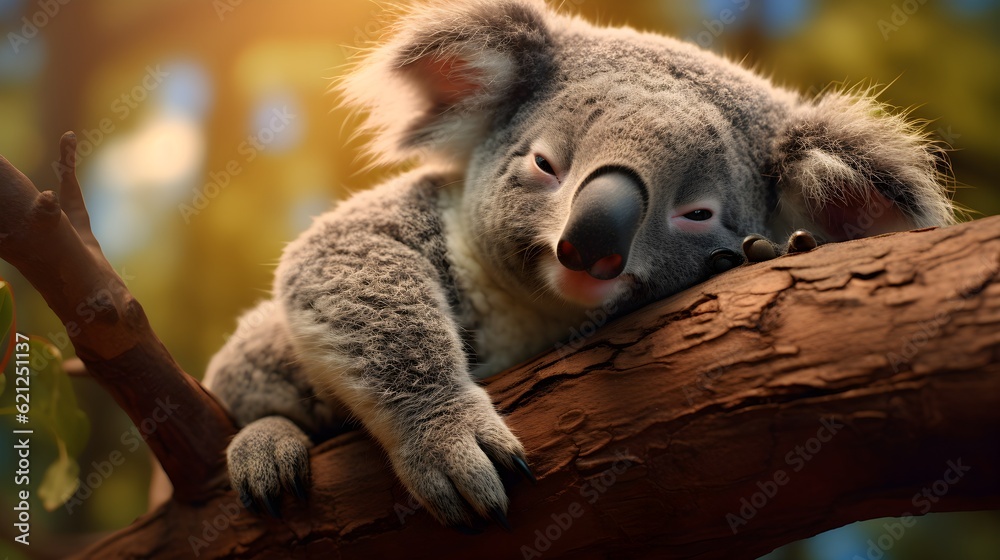 Sleepy koala clinging to a eucalyptus tree branch Generative AI Stock ...