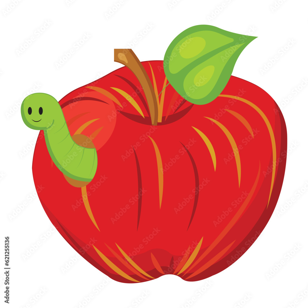 Red apple with a smiling worm. Vector illustration in cartoon style ...