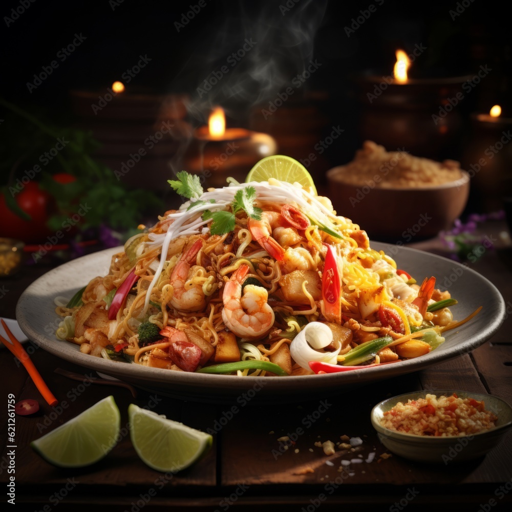 Food photography background, square - Fried noodles, spaghetti or pasta ...