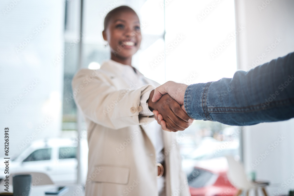 Black woman, handshake and meeting in partnership, support or trust for ...