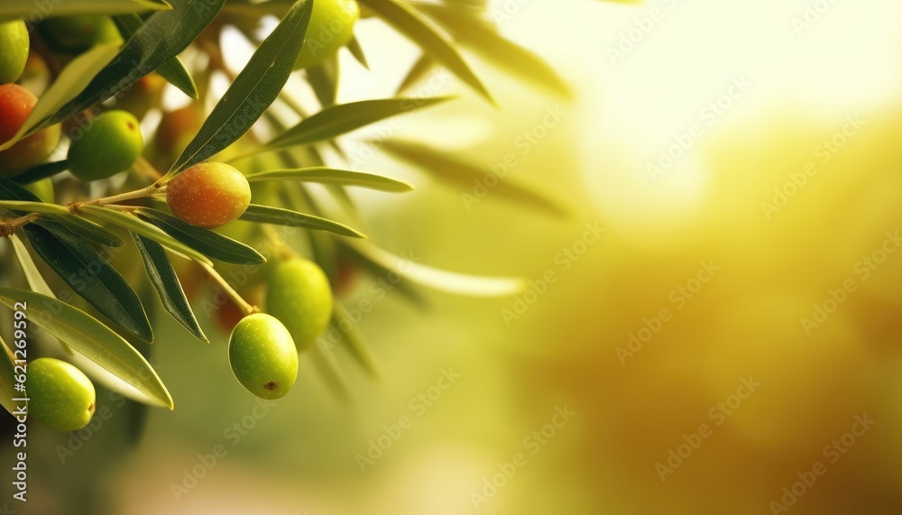 Olive fruit tree garden, branch close-up, sunlight background ...