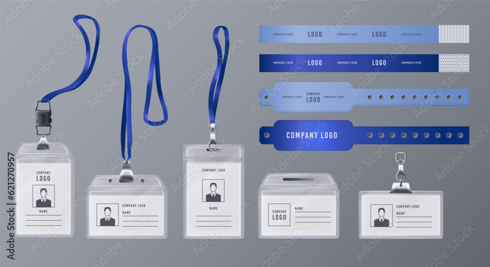 Badge mockup. Realistic company access tag with name and photo. Lanyard ...