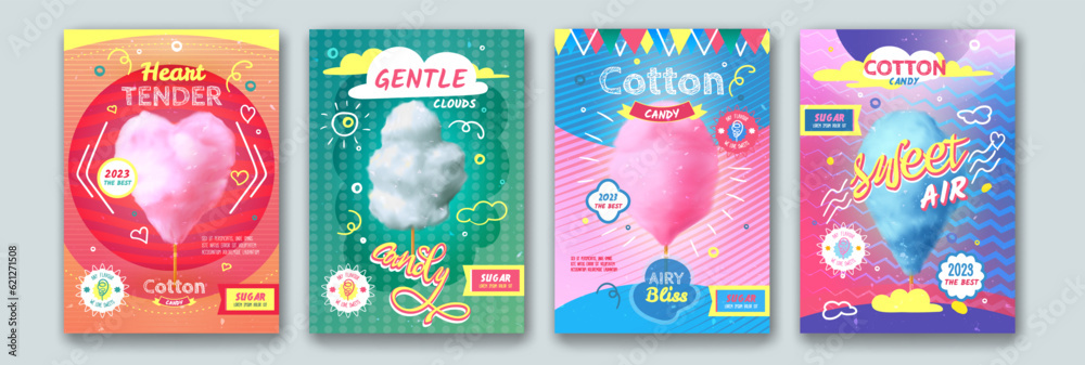 Cotton candy posters. Sweet sugar confectionery, nutrition snack flyer ...
