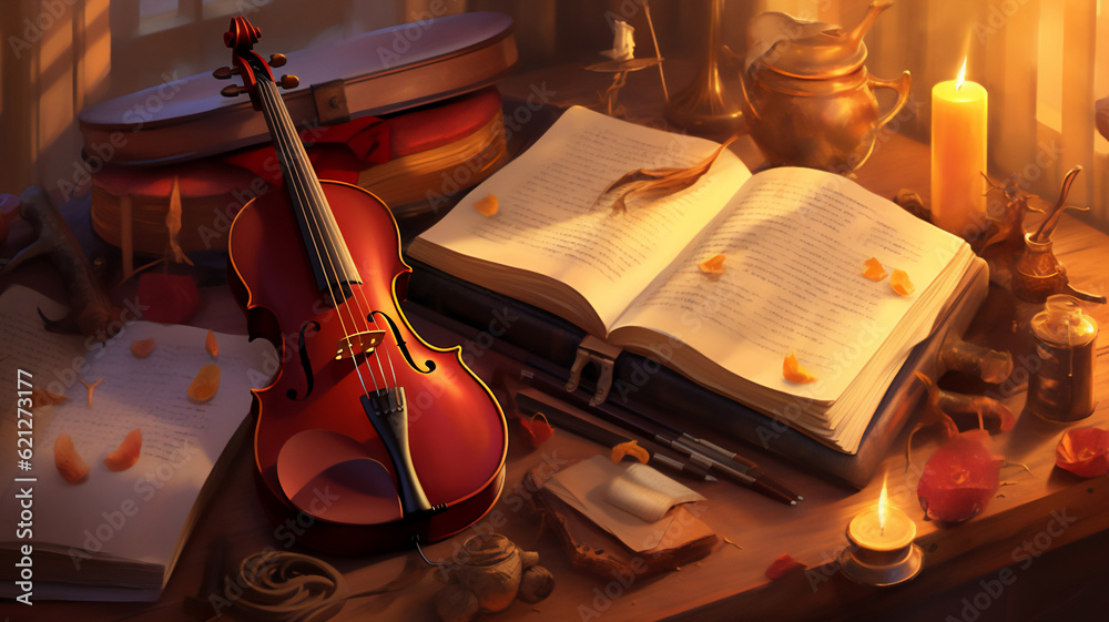 Violin and music book background with an abstract vintage retro texture ...