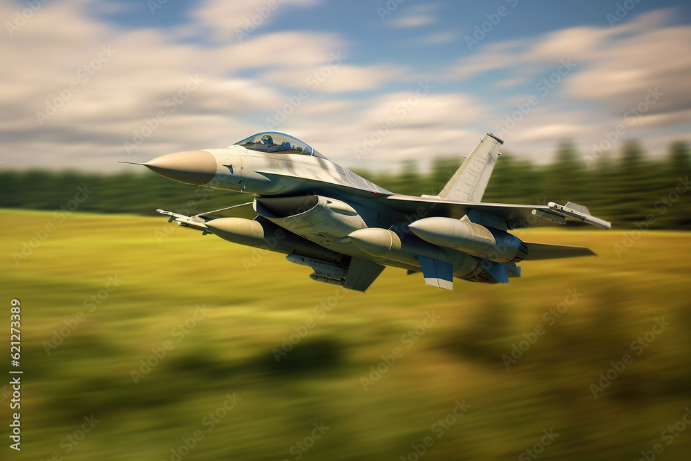 Military F16 fighter jet close up flying through the air over blue sky ...