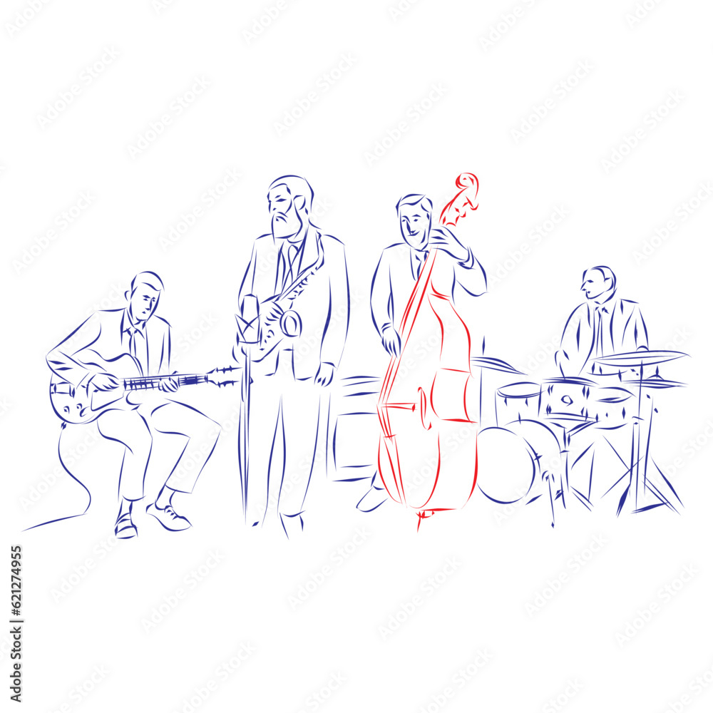 Continuous line drawing of a jazz band with electric guitar, saxophone ...