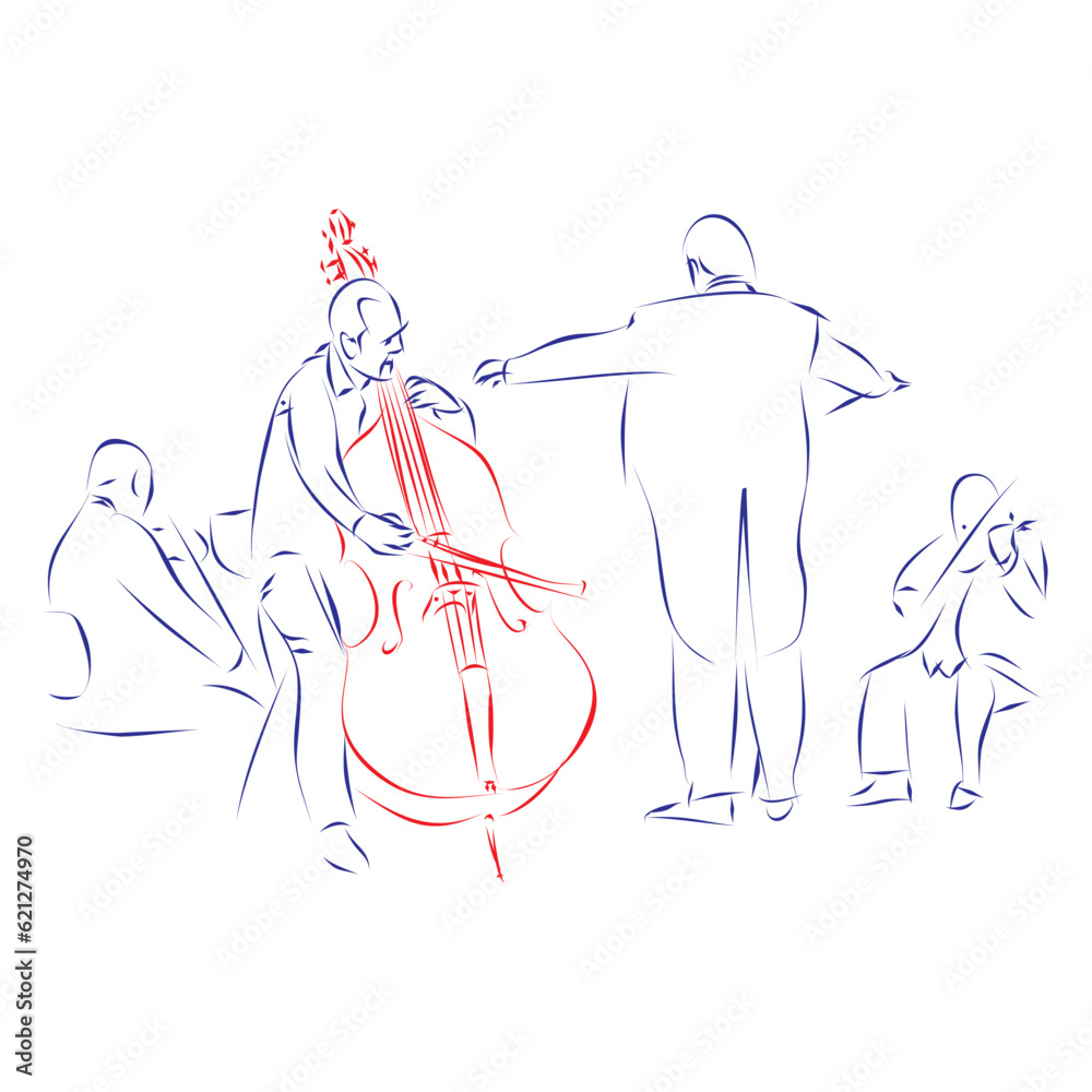 Continuous line drawing of a double bass musician as a soloist, near ...