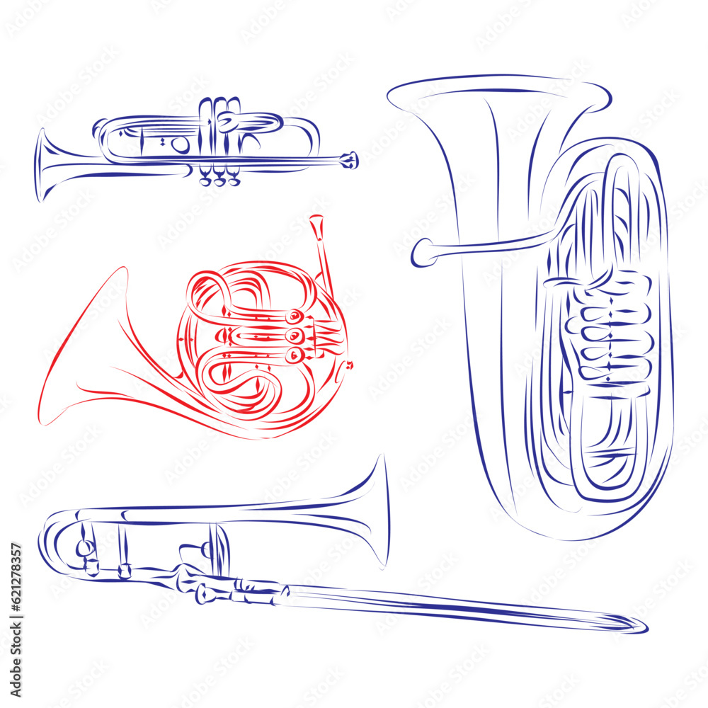 Continuous line drawing of brass music instruments family: trumpet ...