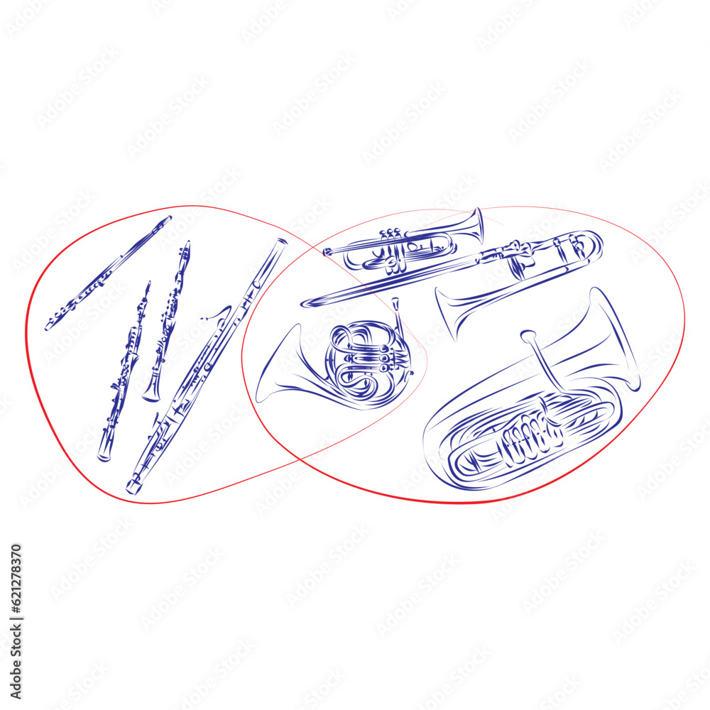 Continuous line drawing of a modern horn music instrument, between wind ...