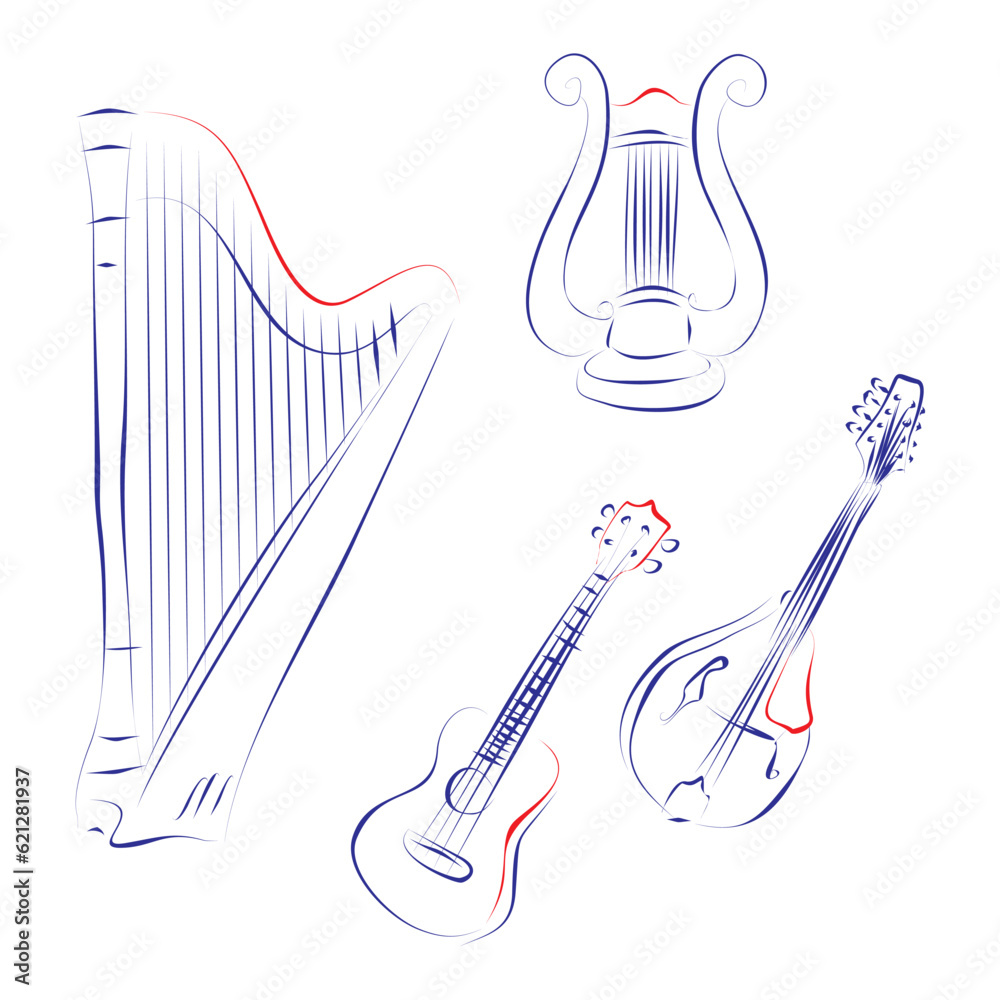 Continuous line drawing of music instruments with strings, related to ...