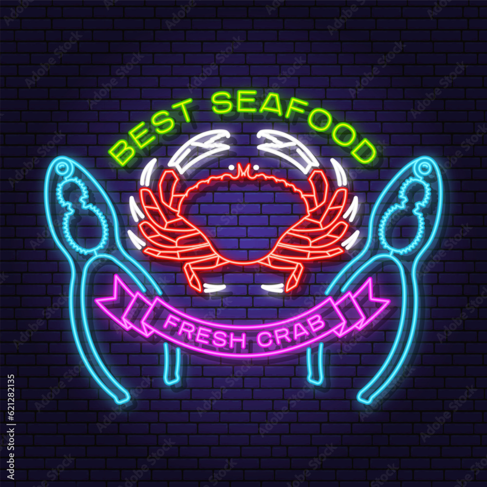 Best seafood. Fresh dressed crab neon sign. Vector. For seafood emblem ...