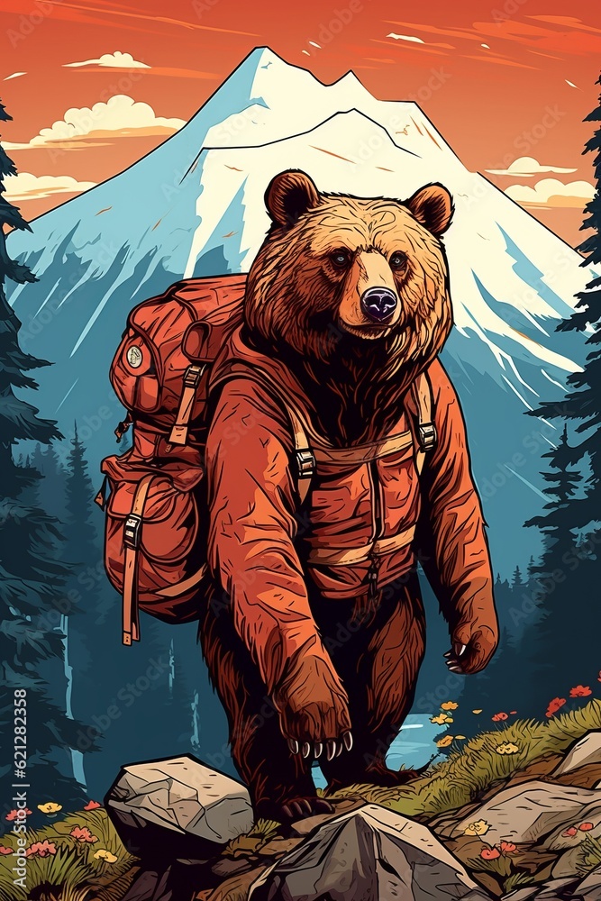 Generative AI. Brown bear traveler with a backpack went to the snowy ...