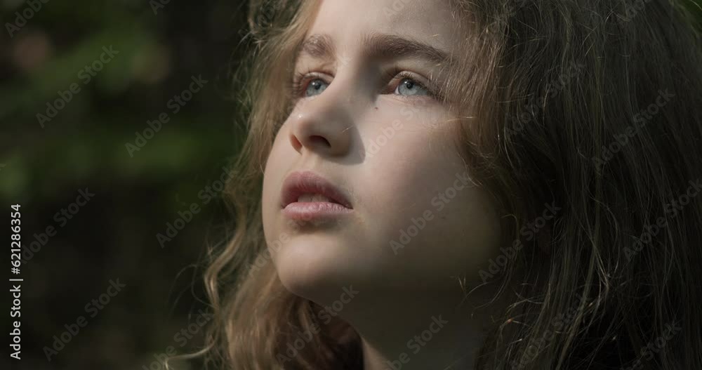 Child Looking Up at Sky in Nature. Portrait Teenager Girl Praying ...