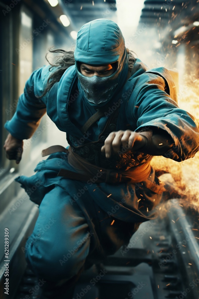 Ninja Martial Arts Scene on a Speeding Train with Speed Effect and Blur ...