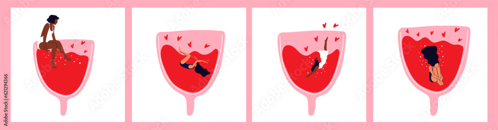 Set of Trendy Women swim in menstrual cup. Girl having menstrual period ...