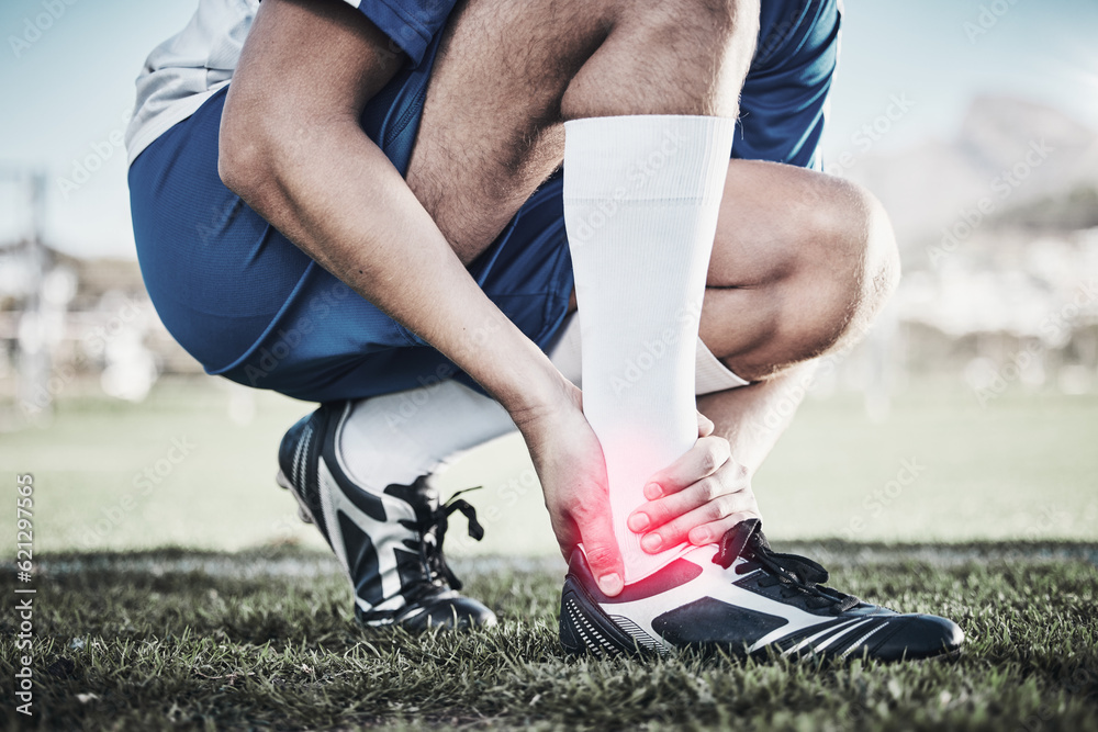 Injury, sports and hand of a man on foot pain, soccer emergency and ...