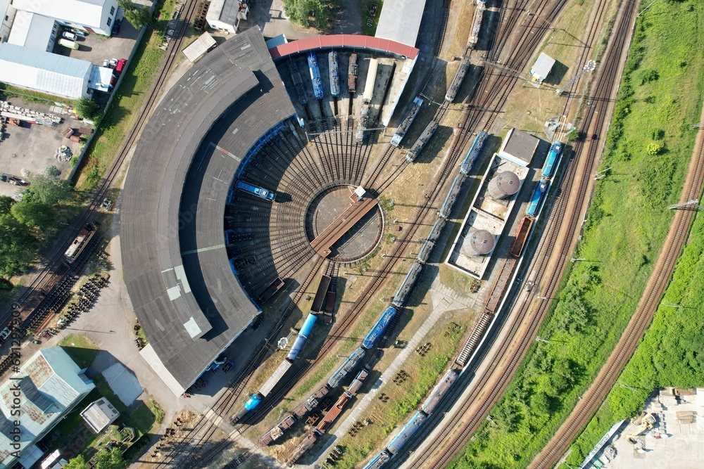 Railway turntable for locomotives aerial view train turntable,aerial ...