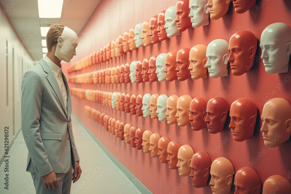 Surreal scene featuring human mannequins, leaning against a pastel wall ...
