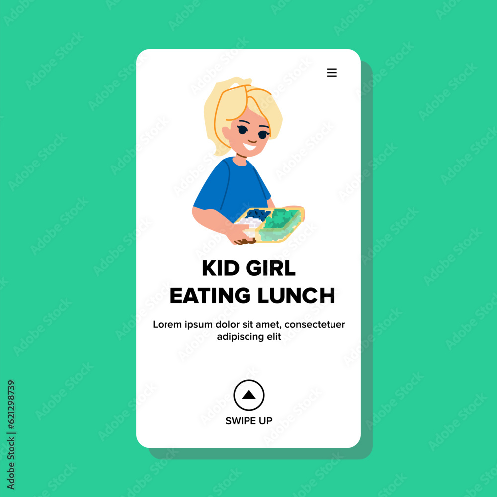 happy kid girl eating lunch vector. childhood caucasian, smiling little ...