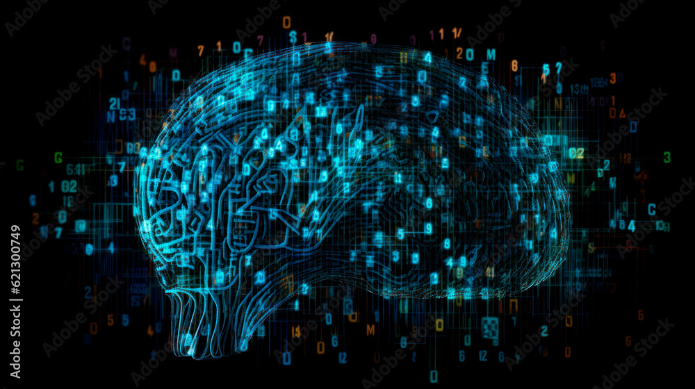 Illustration of brain artificial intelligence with numbers in coding ...