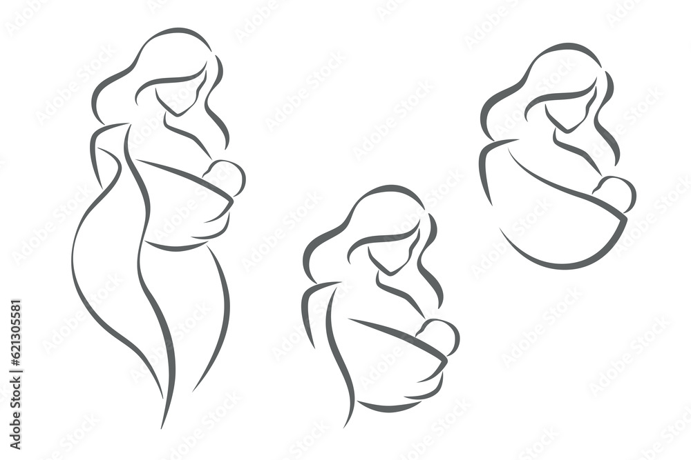 Set of logo with mother and baby. Stylized outline symbol. Motherhood ...