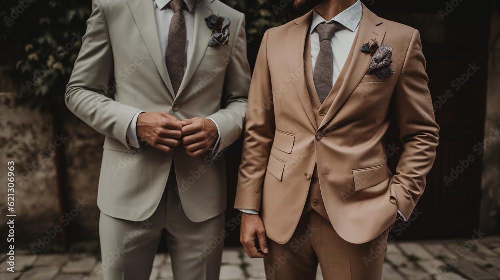 Generative AI, two handsome men in smart suits, wedding, groom, lgbt ...