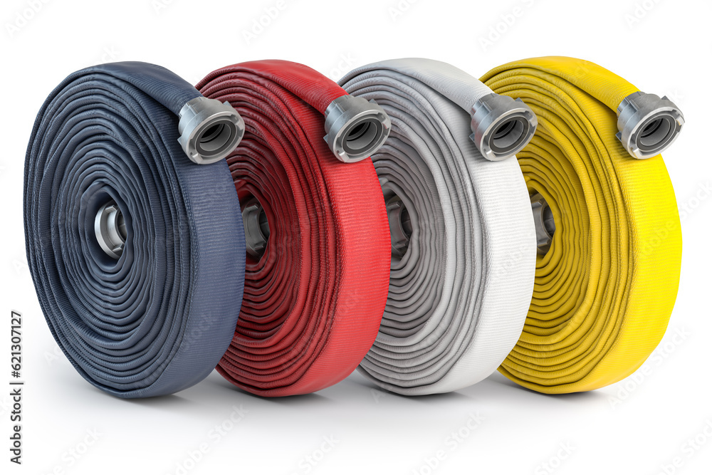 Fire hose soft pipes of different colors isolated on white. Firefighter ...