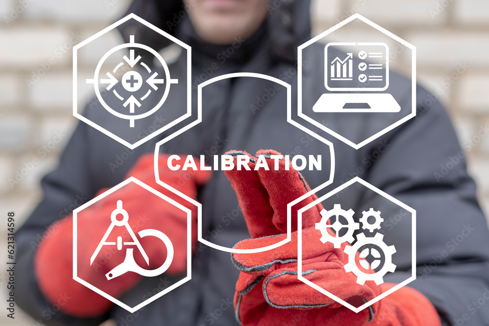 Engineer using virtual touch screen presses word: CALIBRATION. Concept ...