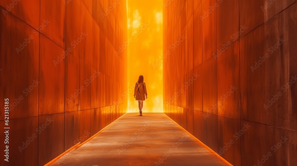 Foto de Girl walking on the orange beam light in her face side of the ...
